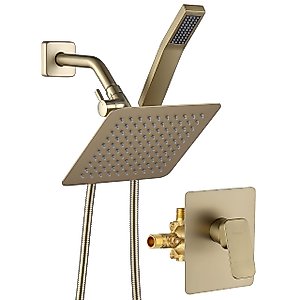 All Metal Shower Faucet Set, Dual Square Shower Head System with Handheld Wand & Rainfall Showerhead, Diverter, Hose Complete Combo, Pressure Balance Rough-in Valve Included