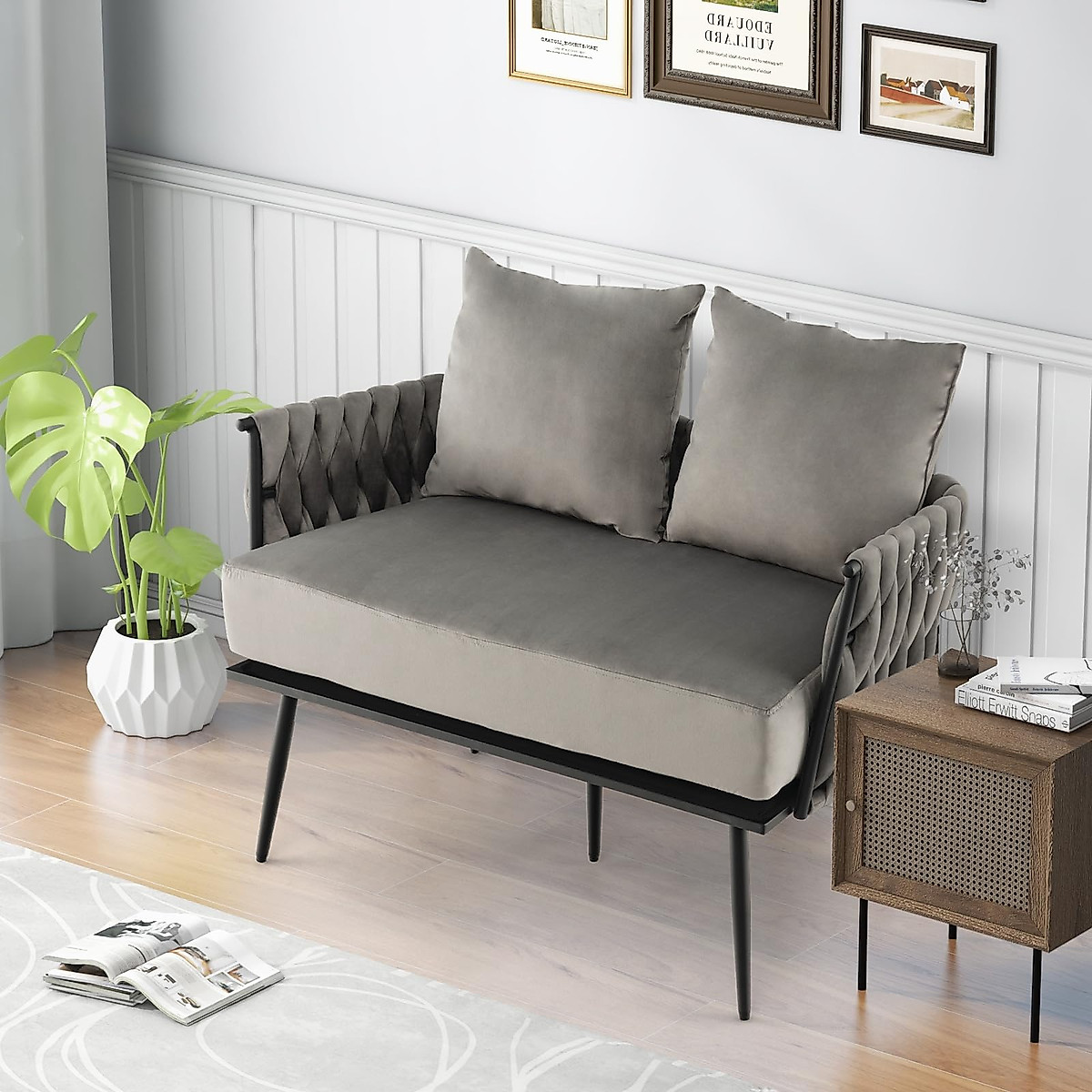 KOMFOTT 43” Loveseat Sofa, Modern Upholstered 2-Seat Sofa with 2 Back Pillows, Woven Backrest & Armrest, Mid Century Modern Dutch Velvet Sofa for Living Room Bedroom Apartment (Gray)