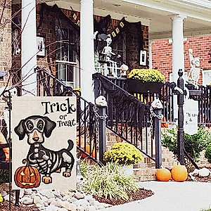 Halloween Trick or Treat Garden Flag Ghost Dog 12x18 Inch Small Double Sided Burlap Welcome Yard Dachshund Skeleton Outside Decorations DF342