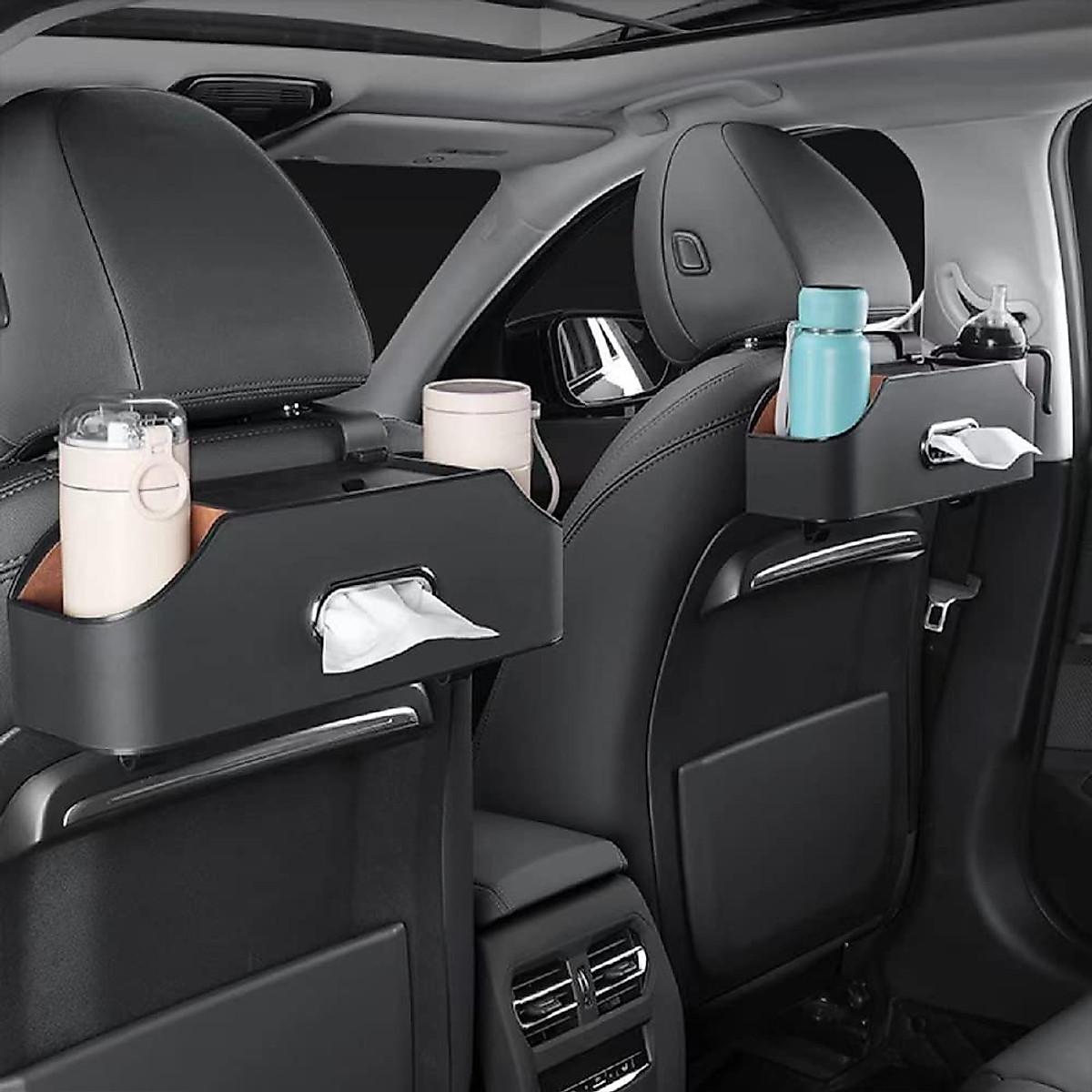 JSCARLIFE Car Headrest Backseat Organizer with Cup Holder，Backseat Storage Box Cup Drink Holders, Tissue Box & Phone Mount Bottle Cellphones Coffee Coasters Wallet Cards (Black)