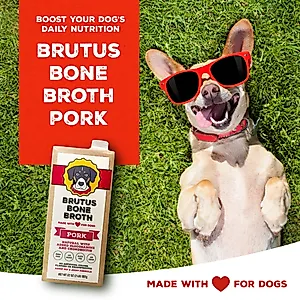 Brutus Bone Broth for Dogs | All Natural | Made in USA | Glucosamine & Chondroitin for Healthy Joints | Human Grade Ingredients | Hydrating Dog Food Topper, Gravy & Treat (Pork, 2-Pack)