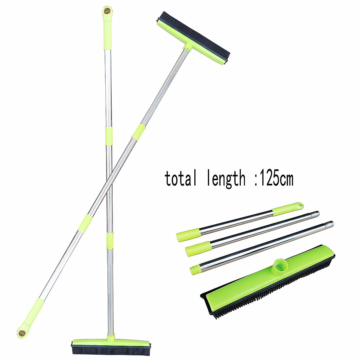 Carpet Hair Removal Broom with Squeegee, Rubber Floor Broom Carpet Rake, Adjustable Long Handle 49" Length for Pet Cat Dog Hair Carpet Hardwood Tile Windows Clean Water Resistant