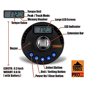 Summit Tools 1/2 inch Digital Angle Torque Adapter, 12.5-250.7 ft-lbs Torque Range, 1-360° Angle Range, Buzzer and Sequential LED Indicator, 50 Memroy Slots (AD4-340CN), Blue