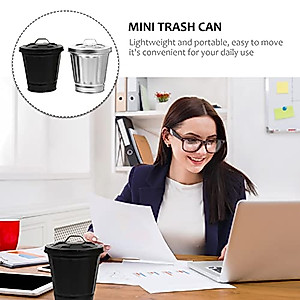 DOITOOL 2pcs Mini Iron Trash Can Metal Pencil Cup Holder Small Desktop Garbage Can with Lids Countertop Waste Basket Stationery Trash Container for Home Office