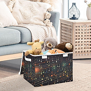 TecEr Musical-notes-black Large Fabric Foldable Storage Bins with Lids and Handle, Decorative Storage Box Cube for Shelves Closet Home Bedroom Office