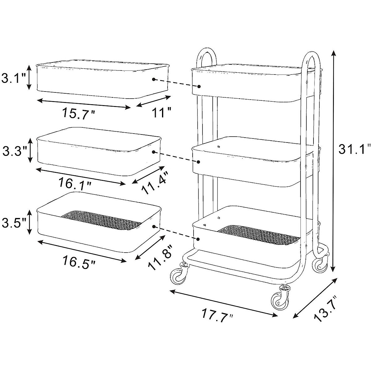 walsport 3-Tier Utility Carts for Kitchen Bathroom Bedroom Office, Rolling Cart Metal Mesh Storage Organizer Mobile Utility Cart with Caster Wheels with Handle,White