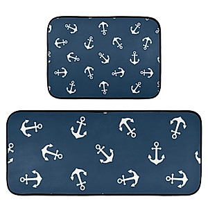 BOENLE Kitchen Rugs and Mats Non Skid Washable Kitchen Rug Set 2 Piece Blue Anchor Carpet Ergonomic Comfort Standing Mat for Kitchen,Bathroom, Laundry