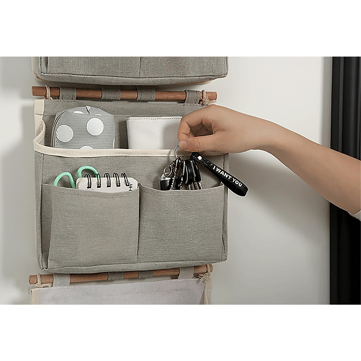 Alunsito Hanging Storage Organiser 2Pcs Waterproof Wall Hanging Bag Linen Cotton Organizer Wall Basket, Closet Hanging Pouch with Hooks for Bedroom Bathroom Kitchen