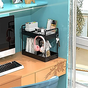 Ronlap 2 Pack Under Sink Organizers and Storage, 2 Tier Bathroom Organizer Under Sink with Handle Hanging Cup Hooks Dividers, Kitchen Organization and Storage Under Sink Cabinet Counter Shelf, Black