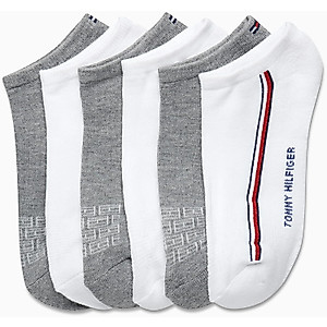 Tommy Hilfiger Men's Athletic Socks - Cushion No Show Ankle Socks (6 Pack), Size Shoe Size 7-12, White Multi