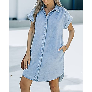 KDF Denim Dress with Pockets for Women Denim Button Down Shirt Jean Dresses for Women 2023 Summer Light Blue Size Small Size 4 Size 6