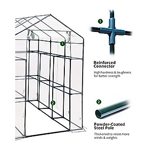 KING BIRD Upgraded 7 x 4.7 x 6.4 FT Walk-in Greenhouse for Outdoors, Thickened PE Cover & Heavy Duty Powder-Coated Steel, w/ Zippered Mesh Door & Screen Windows, 20 Sturdy Shelves for Garden, White