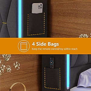 busyaeh King Bed Frame and Headboard with Storage, King Size Bed Frame with LED Lights & Charging Station, Upholstered King Bed Frame, No Noise, No Box Spring Needed, Easy Assembly