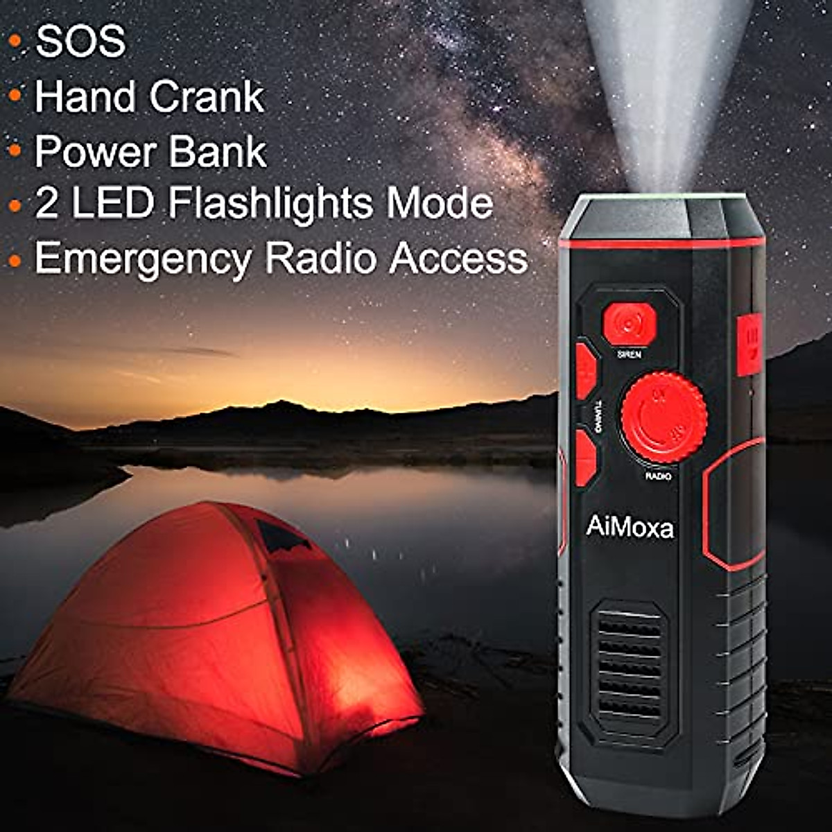 AiMoxa Portable Emergency Radio 【6.1" x 1.9" x 1.3"】, High Lumens Hand Crank Flashlight with Weather Radio, Power Bank for iPhone/Smart Phone, SOS Alarm for Home, Outdoor, Emergency kit