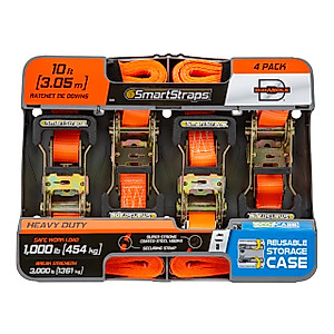 SMARTSTRAPS 10-Foot Ratchet Straps (4pk) – 3,000 lbs Break Strength – 1,000 lbs Safe Work Load Haul Heavier Loads Like Motorcycles, Boats and Large Appliances – Heavy-Duty Padded Tie-Downs, ORANGE (149)