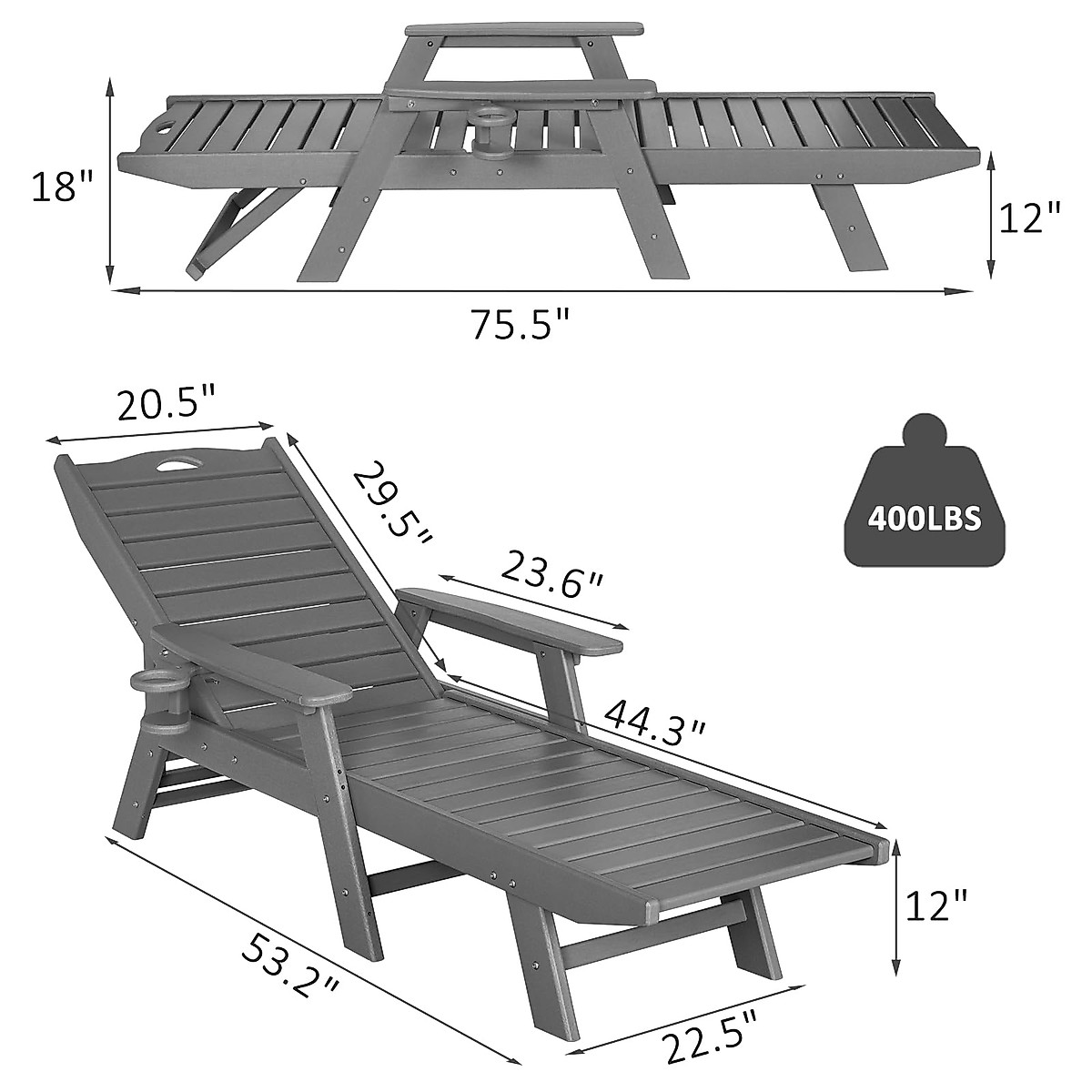 nalone Chaise Lounge Set of 2 Outdoor with 5-Position Adjustable Backrest, HDPE Lounge Chair for Outside Supports Up to 400 LBS, Pool Lounge Chairs for Patio Poolside Deck Beach Backyard (Grey)