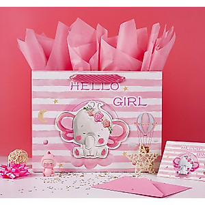 JWSCYSY 12.6" Large Baby Girl Gift Bag with Tissue Paper and Greeting Card for Baby Shower, Birthday, New Parents, and More (3D Pink Elephant Design)