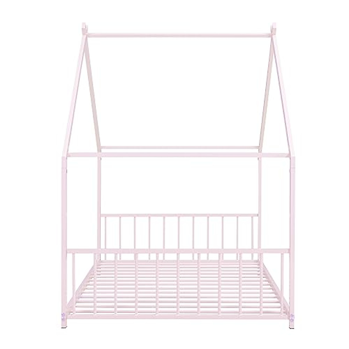 SIYSNKSI Twin Size House Bed, Metal Floor Bed Frame with Roof and Sturdy Slat Support, Platform Bed for Kids Teens Girls Boys Bedroom Furniture, No Box Spring Needed (Pink+ Metal-C35)