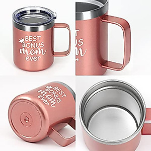GINGPROUS Mother's Day Gifts for Mom, Best Bonus Mom Ever Birthday Gifts for Women Bonus Mom Mother New Mom to Be from Daughter Son, 12 Oz Insulated Stainless Steel Insulated Travel Mug, Rose Gold