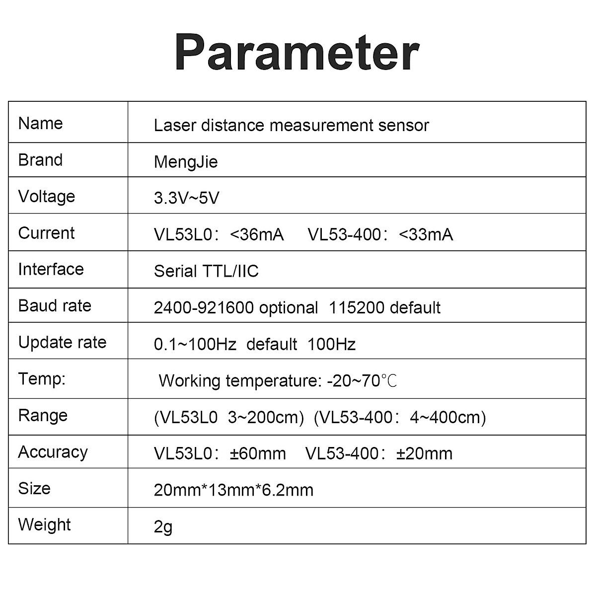 MengJie MJ-VL53L0 TOF10120 3-200cm Laser ranging Sensor Distance Module UART Output 3.3-5V for Tof05140