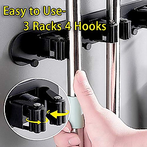 Ascotahoo Bathroom Organizer Broom Mop Holder,mop and Broom Rack Wall Mount with Stainless Steel 3 Racks 4 Hooks for Kitchen Bathroom Office Closet Garden, Black Color