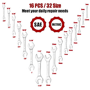 RIMKOLO Super-Thin Open End Wrench Set, 16-Piece SAE & Metric 3/8" to 1-1/4" and 5.5mm to 27mm Chrome Vanadium Steel Wrench Set with Rolling Pouch