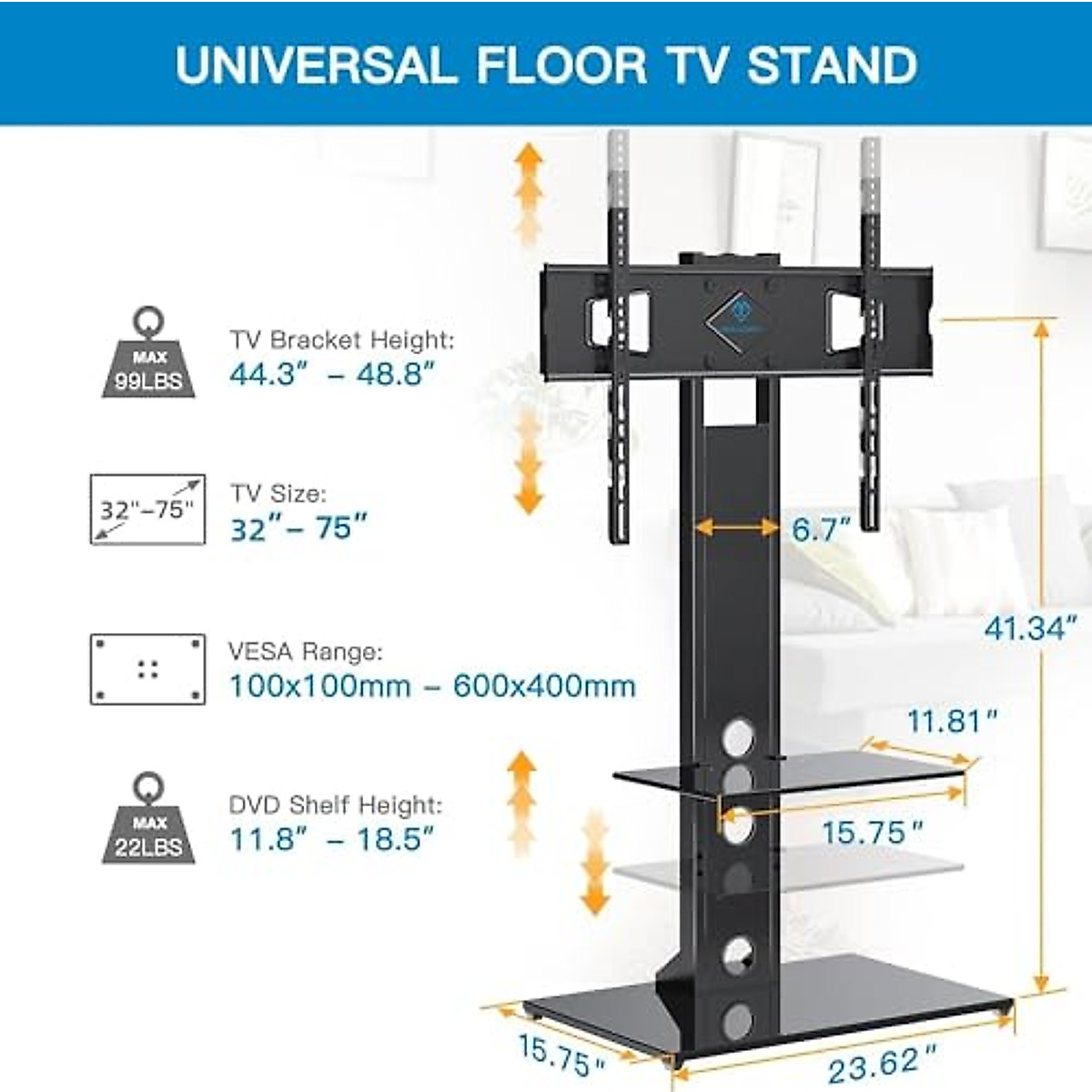 PERLESMITH Swivel Floor TV Stand/Base with Shelves for Most 32-75 inch LCD LED TVs - Universal TV Mount Stand Perfect for Corner & Bedroom, Height Adjustable & Cable Management, VESA 600x400mm
