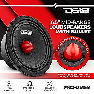 DS18 PRO-GM6B Loudspeaker - 6.5", Midrange, Red Aluminum Bullet, 480W Max, 140W RMS, 8 Ohms - Premium Quality Audio Door Speakers for Car or Truck Stereo Sound System (1 Speaker)