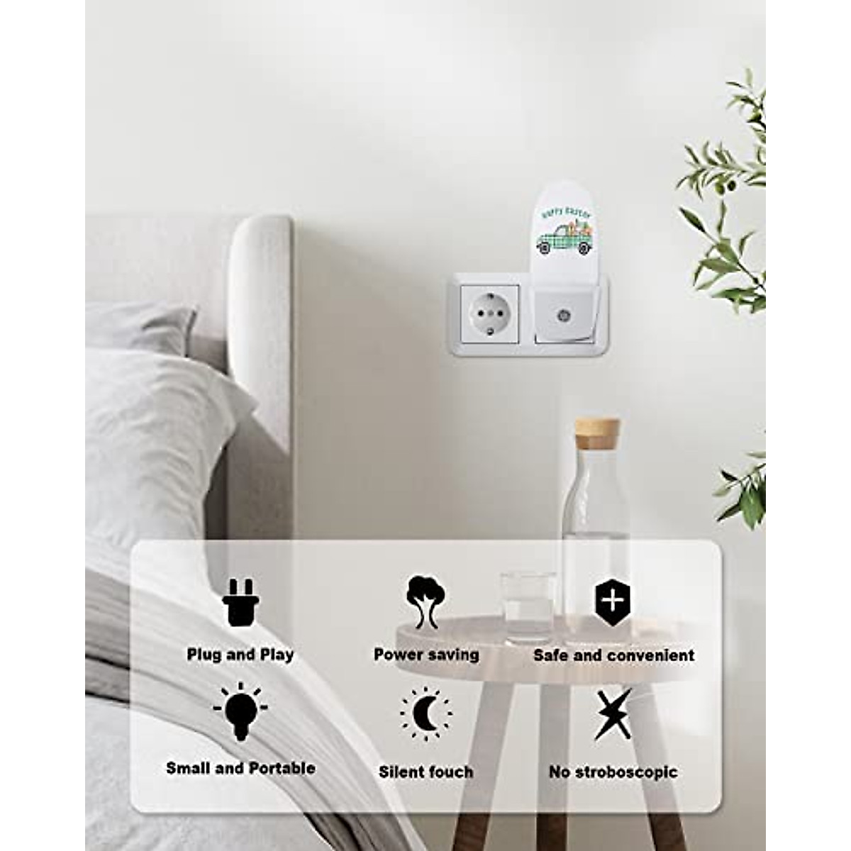 Plug-in LED Night Light with Auto Light Sensor - Popsicle Shape Nightlight Baby Night Lights for Hallway Bedroom Kids Room - Happy Eater Green Plaid Truck with Eater Egg and Rabbit