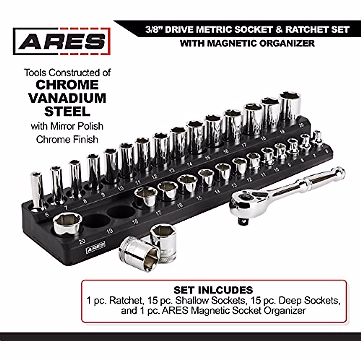 ARES 47004-32-Piece 3/8-inch Drive Metric Socket and 90-Tooth Ratchet Set with Magnetic Organizer - Sizes 6mm to 20mm Deep and Shallow Sockets