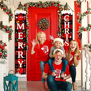 Merry Christmas Door Banner, Plaid Christmas Porch Sign, Outside Xmas Front Door Decorations Outdoor