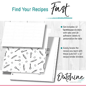 Outshine 12-Pack Recipe Binder Dividers for 3 Ring Binder, Farmhouse | 8.5" x 11" Thick Cardstock Binder Dividers with Tabs | Includes 28 Adhesive Labels and Printed Cooking Tips | Best Kitchen Gift