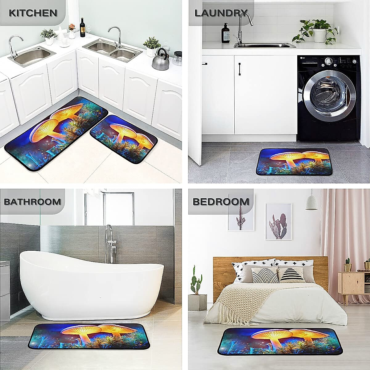 Emelivor Fantasy Glowing Mushrooms Kitchen Rugs and Mats Set 2 Piece Non Slip Washable Runner Rug Set of 2 for Kitchen Floor Home Decorative Laundry