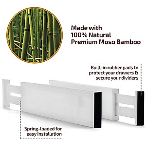 4 Pack Drawer Dividers Bamboo 2.6" High, 16-22" Adjustable Drawer Organizers for Clothes, Expandable Dresser Separators in Bedroom/Bathroom/Kitchen/Office Organization and Storage (White)