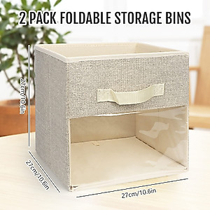 BiSiViO 11 Inch Fabric Cube Organizer, Foldable Cube Storage Bins Basket, Closet Organizers Box, Home Organizers with Window and Handle for Shelves, Closet, Kallax, Office, 2 Packs (Beige)