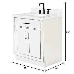 ARIEL Hepburn 31 Inch Bathroom Vanity with Sink, White Bathroom Vanity, Solid Wood Vanity Base Cabinet, White Quartz Top 1.5-Inch Edge, Oval Undermount Sink, 2 Soft Closing Doors, 1 Tip Out Drawer