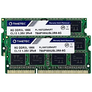 Timetec 16GB KIT(2x8GB) DDR3L / DDR3 1866MHz PC3L-14900 / PC3-14900 Non-ECC Unbuffered 1.35V / 1.5V CL13 2Rx8 Dual Rank 204 Pin SODIMM Laptop Notebook PC Computer Memory RAM Module Upgrade