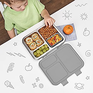 Bentgo® Kids Stainless Steel Leak-Resistant Lunch Box - Bento-Style Redesigned in 2022 w/Upgraded Latches, 3 Compartments, & Extra Container - Eco-Friendly, Dishwasher Safe, Patented Design (Silver)