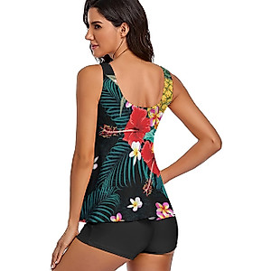 Omichic Cute Pineapple Tankini Swimsuits for Women Vinatge Floral Tummy Control Two Piece Bathing Suits Tank Top with Boyshorts Small