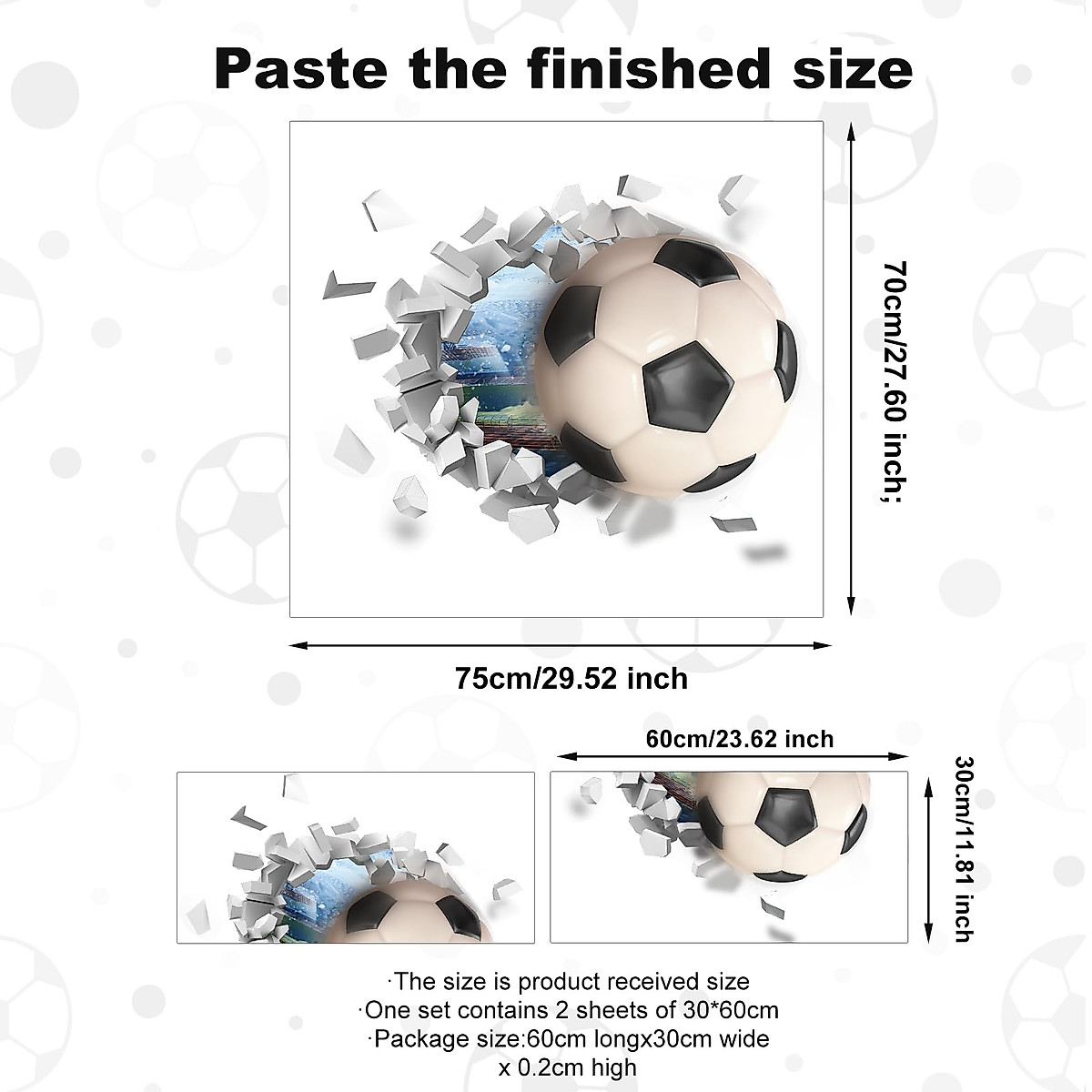 29.5x27.6 Inch 3D Football Wall Sticker Set, 2 Sheets Soccer Decals for Boys Room, PVC Self-Adhesive Soccer Wallpaper Sport Posters Wall Art Decor for Kids Bedroom Home Party Birthday Decoration