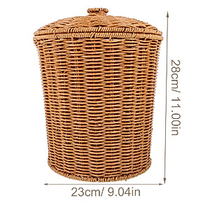 VICASKY Storage Basket with Lid Dirty Clothes Wicker Waste Basket Bedroom Storage Basket Containers with Lids Wicker Trash Can Rattan Waste Basket Woven Garbage Basket Seaweed Bracket Pp