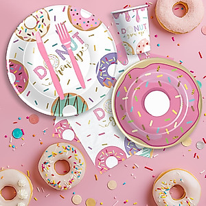 HIPVVILD Donut Party Decorations Tableware Girl - Donut Grow Up Party Supplies, Paper Plate, Cup, Napkin, Tablecloth, Cutlery, Straw, Pink Donut Theme Birthday Baby Shower Decorations | Serve 24