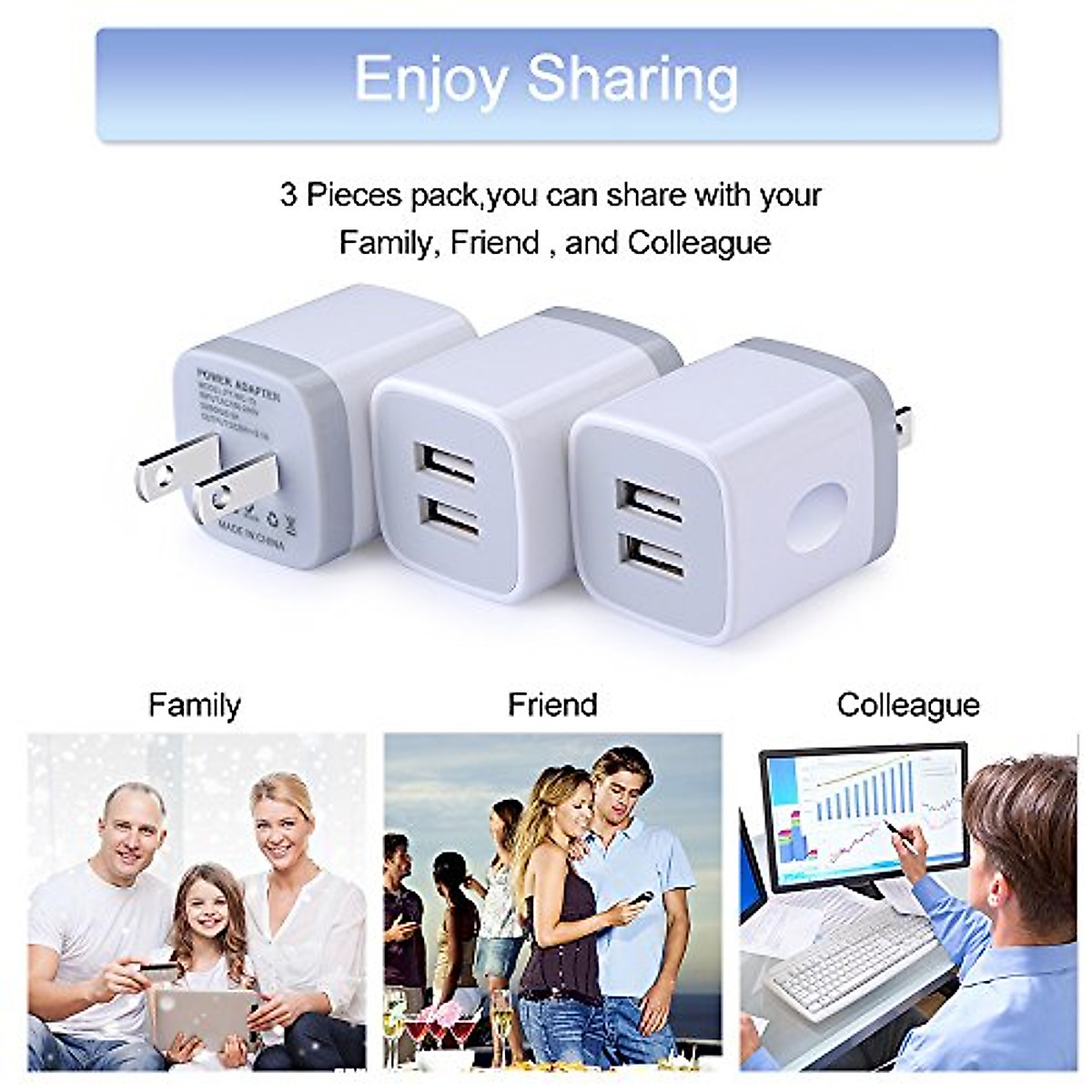 USB Wall Charger, Charging Adapter 3Pack 2.1A Dual Port USB Wall Charging Plug Block Head Box Travel Charger Cube Compatible iPhone 14 13 12 11 Pro Max XS XR X 8 7 Plus,iPad,iPod,Samsung,Android Phone