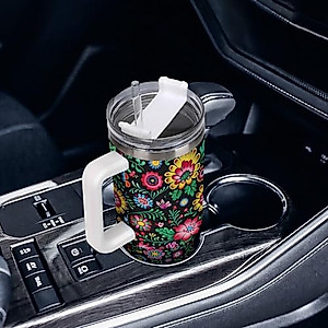 Polish Folk Art Floral Pattern 40OZ Tumbler Stainless Steel Travel Mug Water Bottle Car Cup Tea Cups with Lid White-style