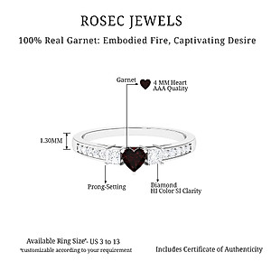 Rosec Jewels 0.75 Cttw Heart Garnet Anniversary Ring with Diamond for Women (AAA Quality), 14K White Gold, Size:US 9.00