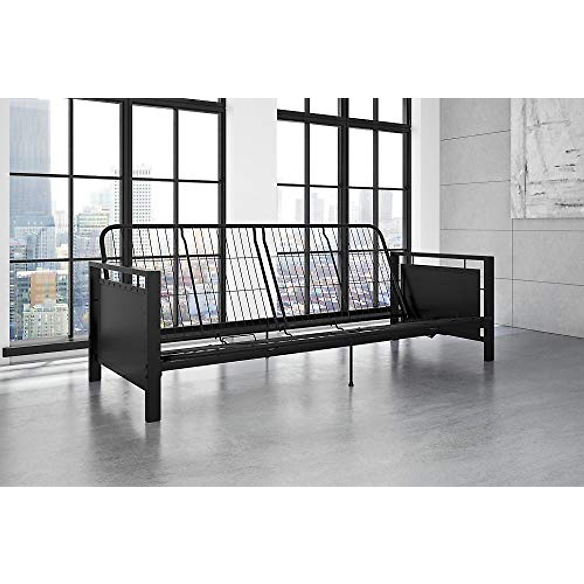 DHP Henley Metal Arm Futon Frame, Industrial Loft Design, Converts to Sleeper, Black Sturdy Metal
