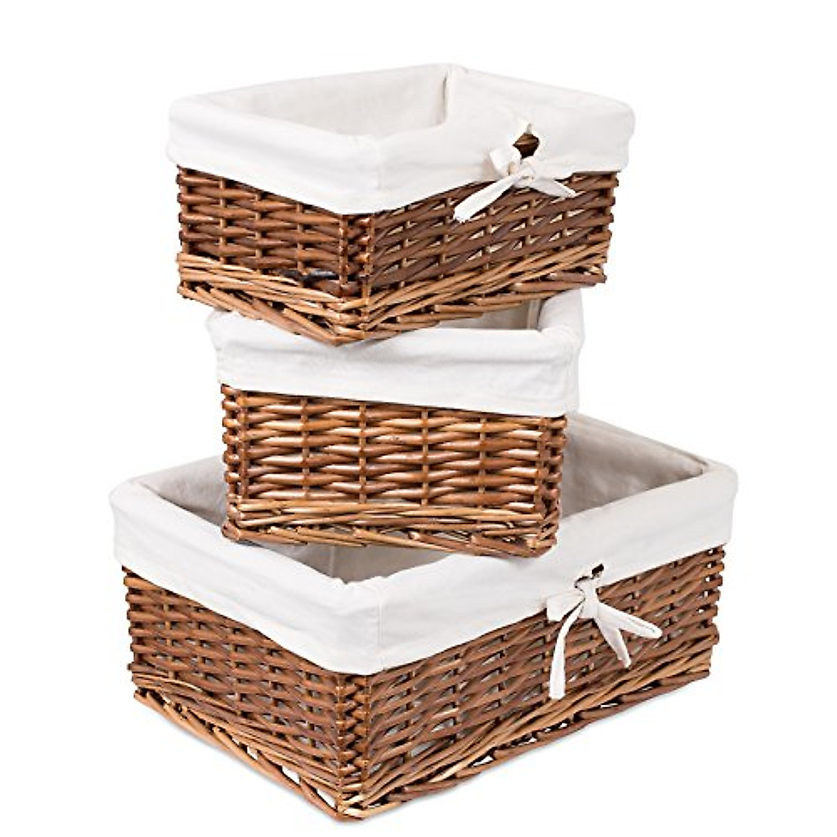 BIRDROCK HOME Woven Willow Baskets with Liner for Storage and Laundry - Set of 5 - Rectangular Hamper Bins with Lids - Decorative Wooden Wicker Basket for Organizing Blankets - Baby Organizer - Brown