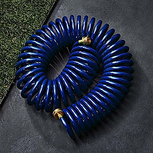 FangFarm Heavy-Duty EVA Coil Garden Hose with GHT Solid Brass Fittings, Water Hose with Brass Connectors, for Garden Lawn Watering, Car Washing (10FT, Blue)