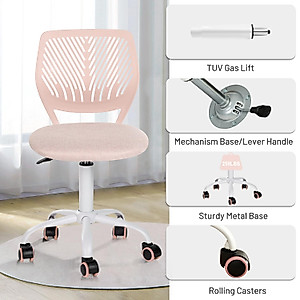 Desk Chair Small Armless, Comfy Home Office Chair with Fabric Seating Cushion and Plastic Low-Back, Adjustable Swivel Study Computer Task Chair for Student Children Kids with Rolling Wheels, Pink