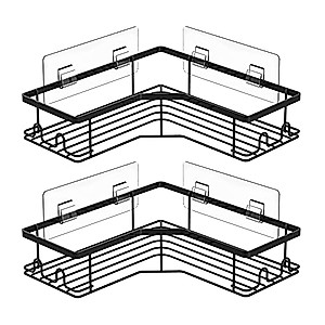 Upqiany Corner Shower Caddy Storage Rack - 2 Pack Stainless Steel Adhesive Bathroom Shelf, No Drilling Rustproof Wall Mounted Shampoo Holder Organizer Basket for 90-Degree Corner, Black